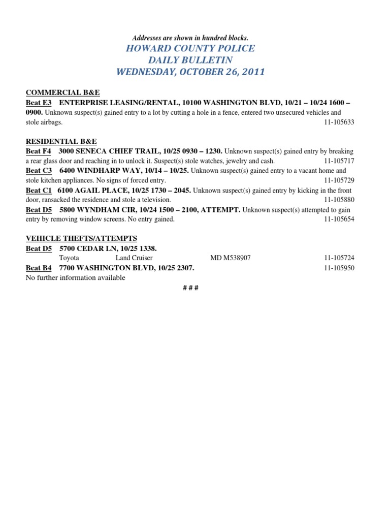 Howard County Police Daily Bulletin | PDF