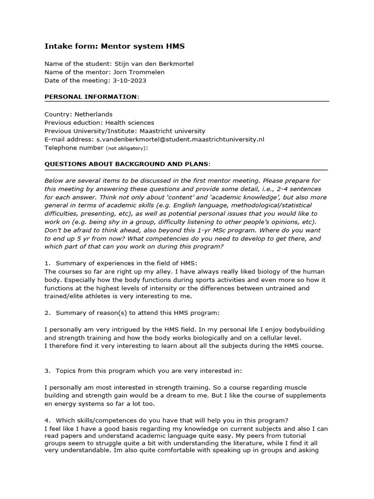 Intake Form HMS Mentor Meeting | Download Free PDF | Knowledge | Learning