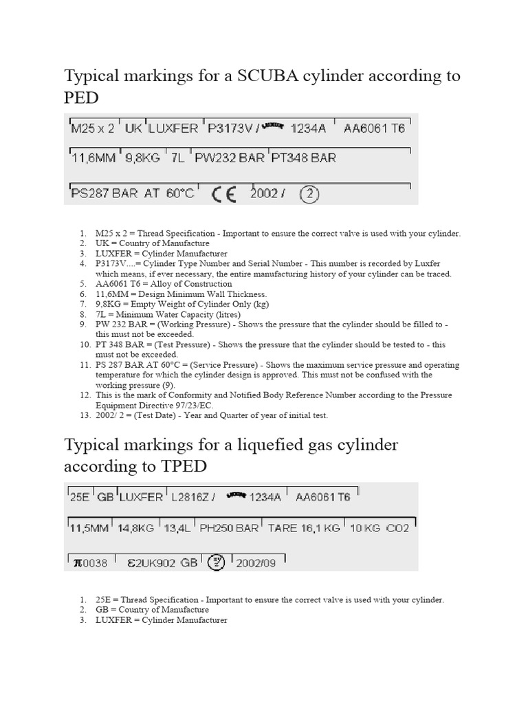 LUXFER Typical Markings For A SCUBA Cylinder According To PED | PDF ...