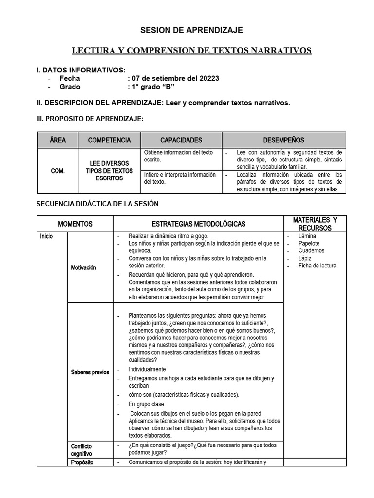 Sesion de Aprendizaje Comprension Lectora 1º Grado Primaria | PDF | Aprendizaje | Comprensión ...