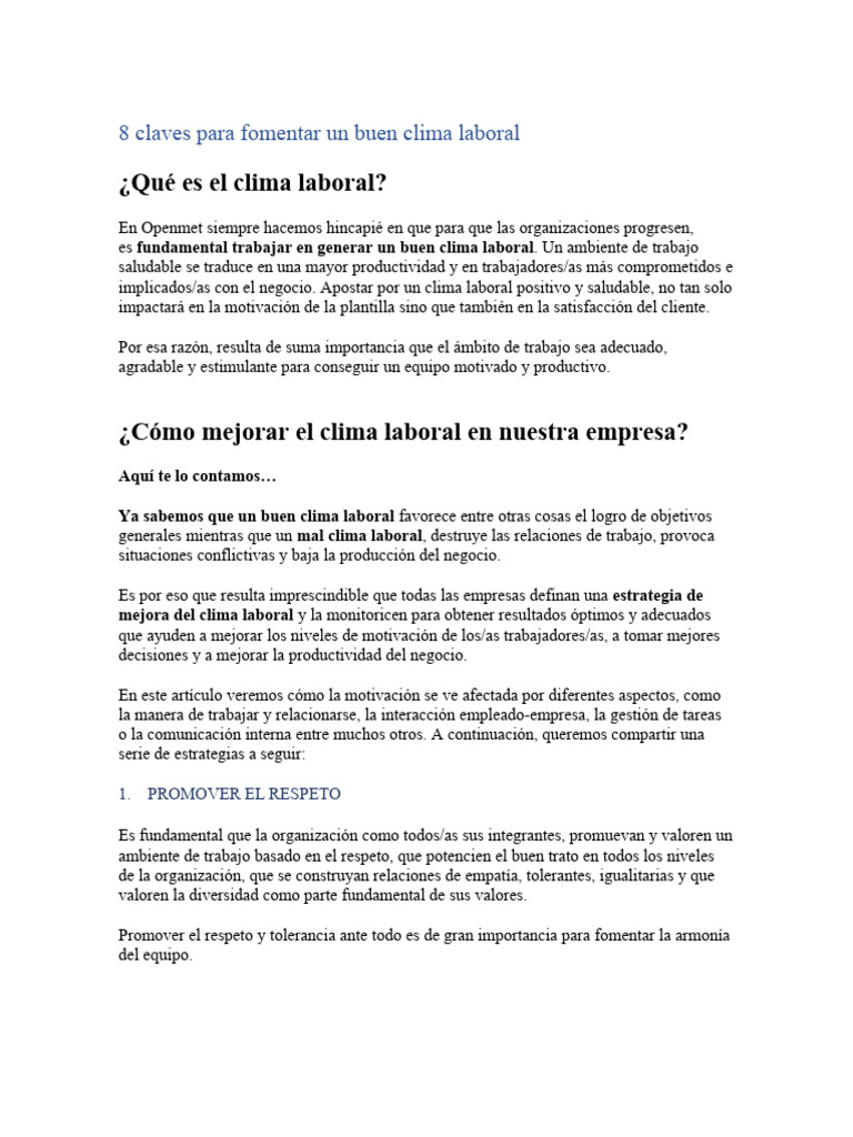Mejora del Clima Laboral: 8 Estrategias | PDF | Liderazgo | Business