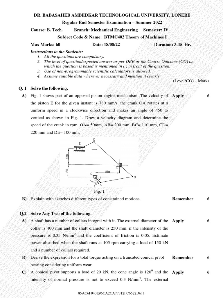 Btech Mech 4 Sem Theory of Machines 1 btmc402 Aug 2022 | PDF | Machines ...