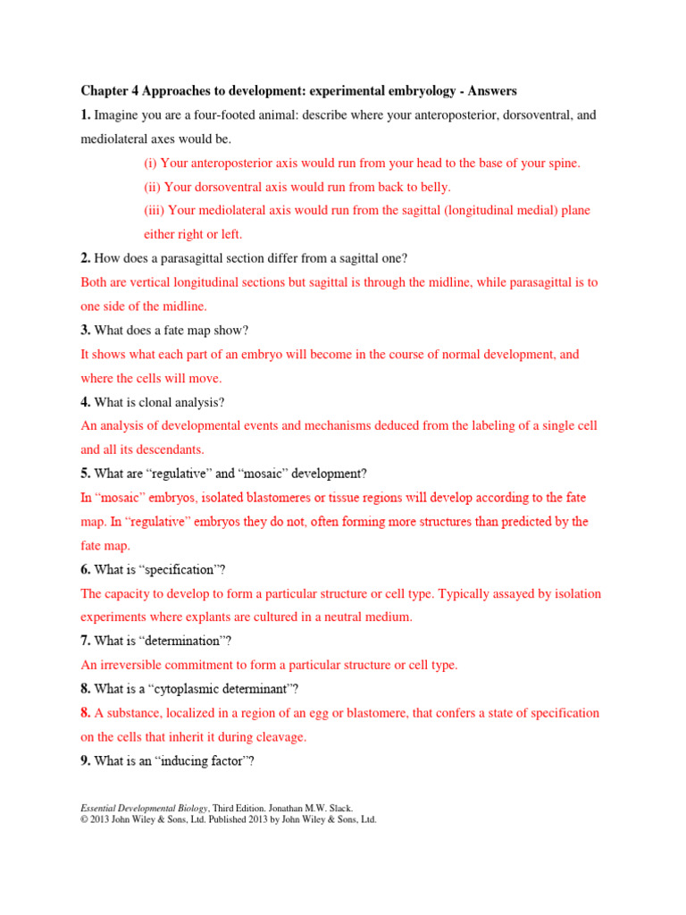 Chapter 4 Experimental Embryology Answers | PDF | Anatomical Terms Of ...