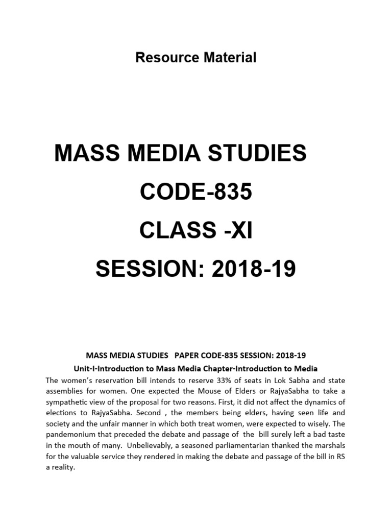 Mass Media Studies: Class XI Resource | PDF | Mass Media | Communication