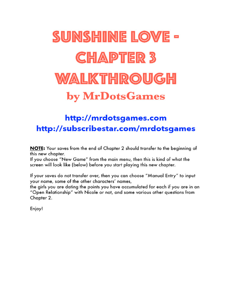 Sunshine Love - Chapter 3 Walkthrough - PDF | PDF