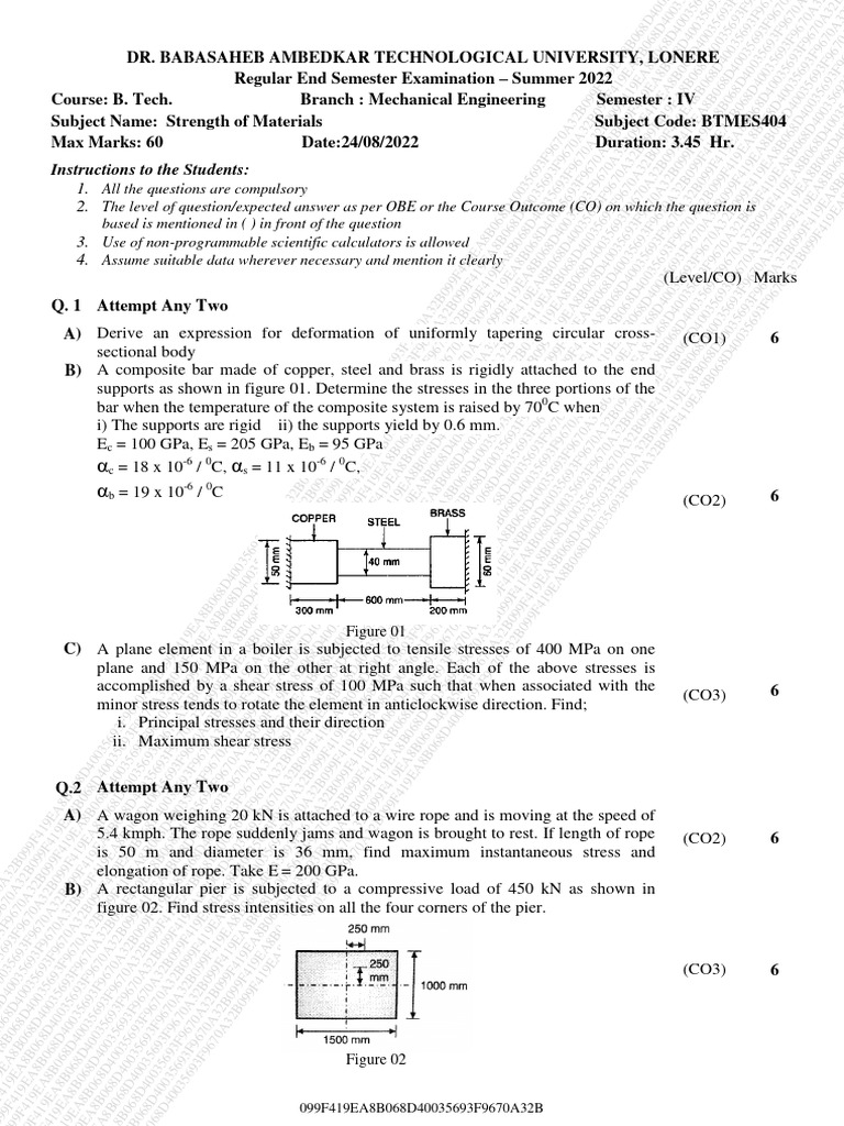 Btech Mech 4 Sem Strength of Materials Btmes404 Aug 2022 | PDF