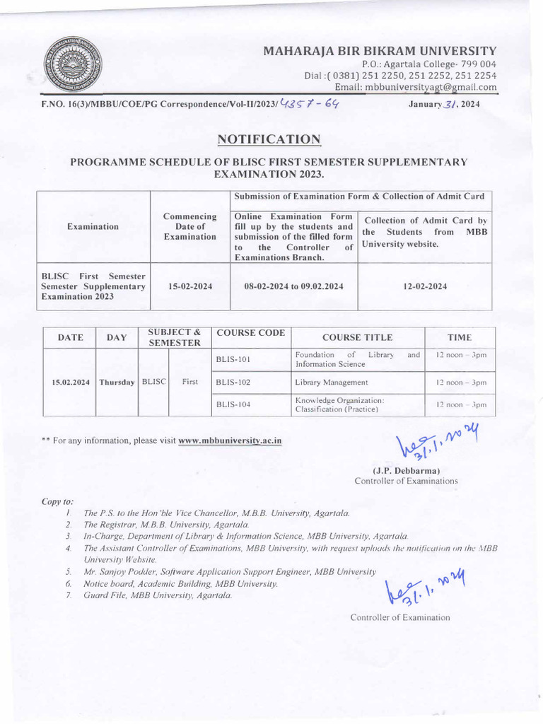Notification Regarding BLISc. First Sem. Supplementary Exam. 2023 ...