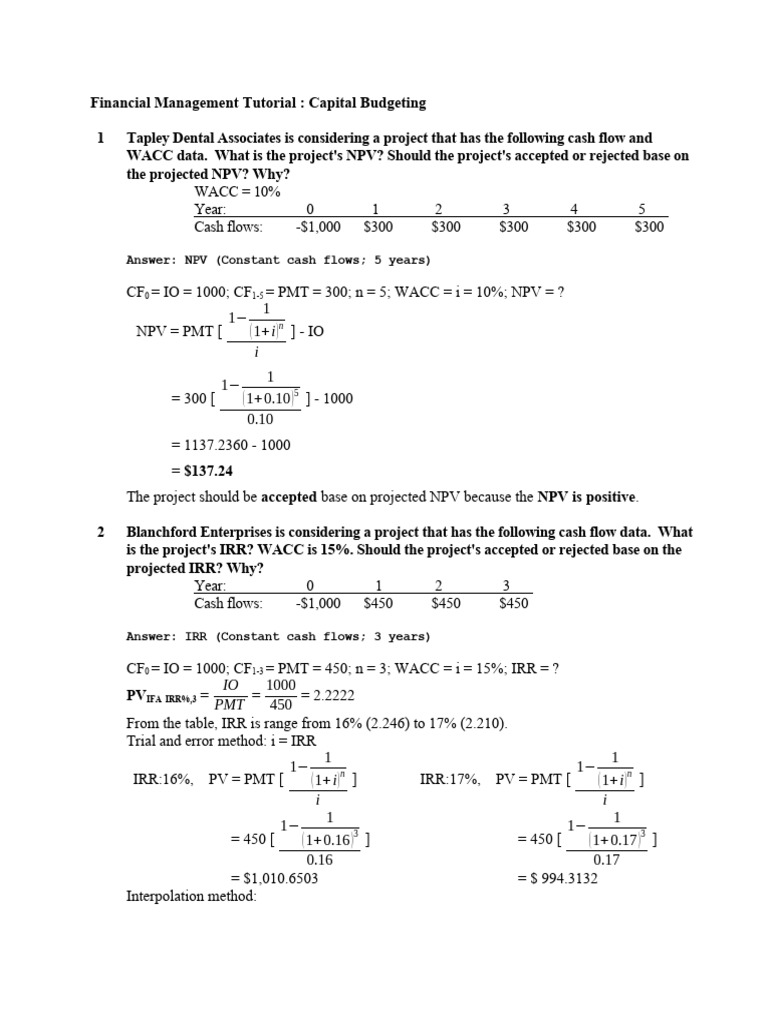 Tutorial Capital Budgeting Question and Answer Plus MIRR | PDF ...