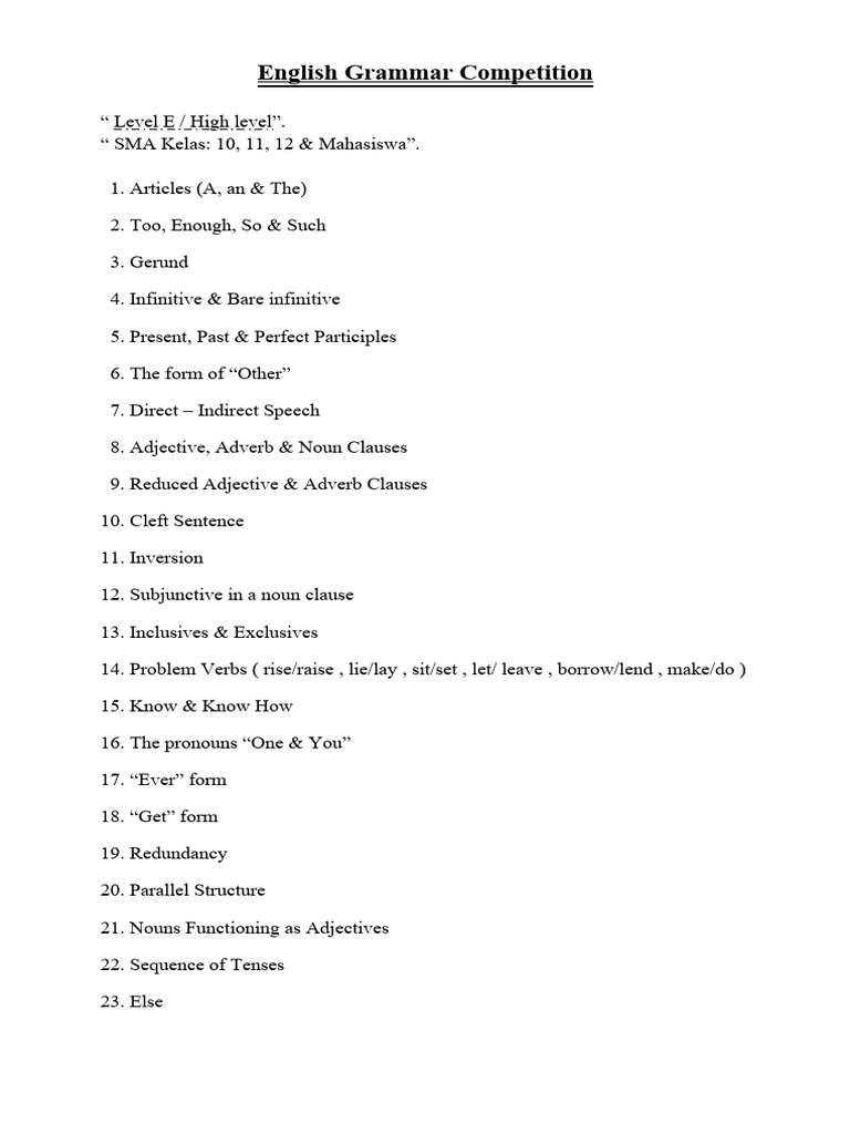 English Grammar Competition | PDF | English Grammar | Verb