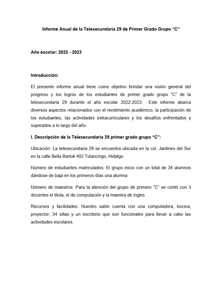 Informe Anual de La Telesecundaria de Primer Grado Grupoc | PDF ...