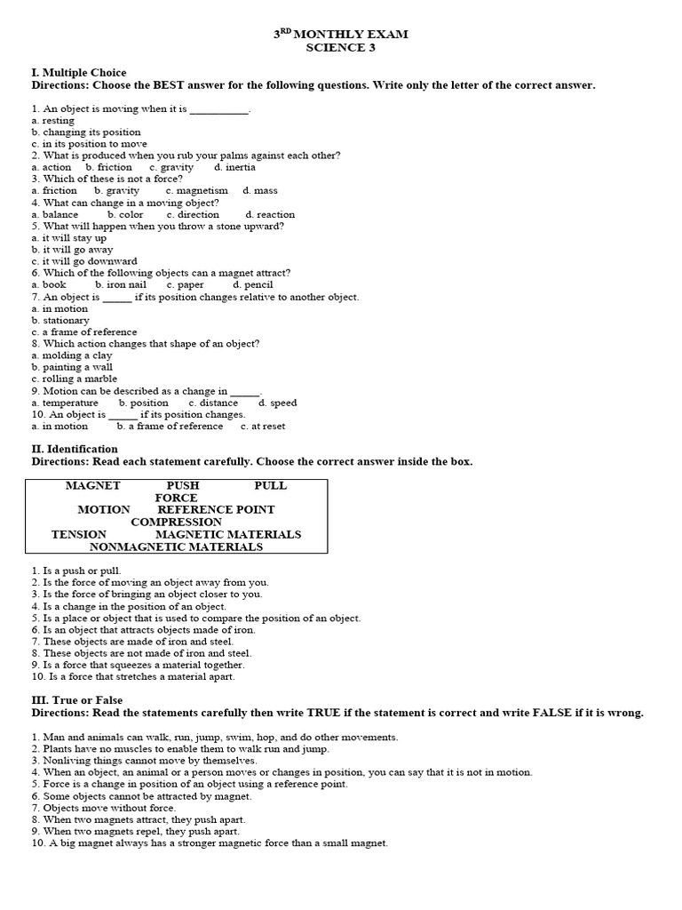 3rd Monthly Exam: Science Questions | PDF | Force | Velocity