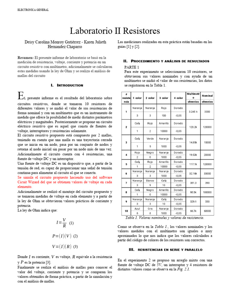 Laboratorio II Resistores | PDF | Resistor | voltaje