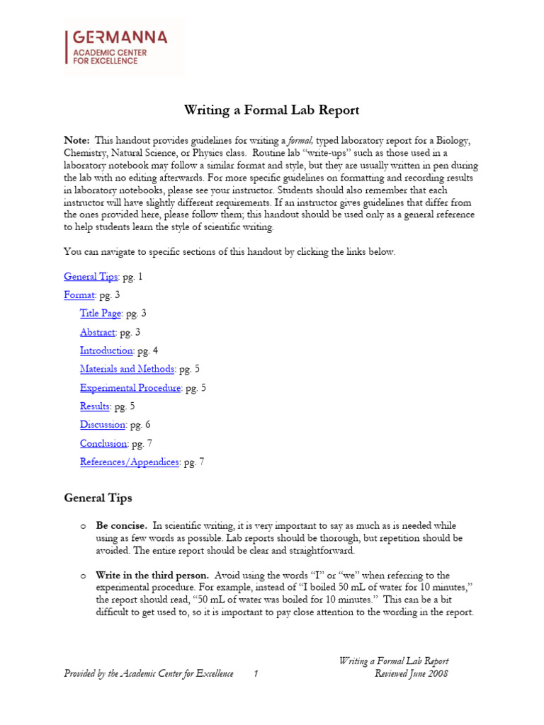 Writing a Formal Lab Report | PDF | Experiment | Citation