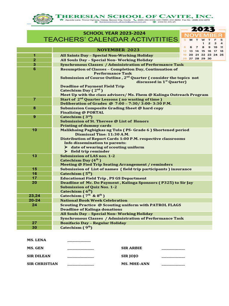 PS GS Calendar of Activities November 2023 | PDF | Observances