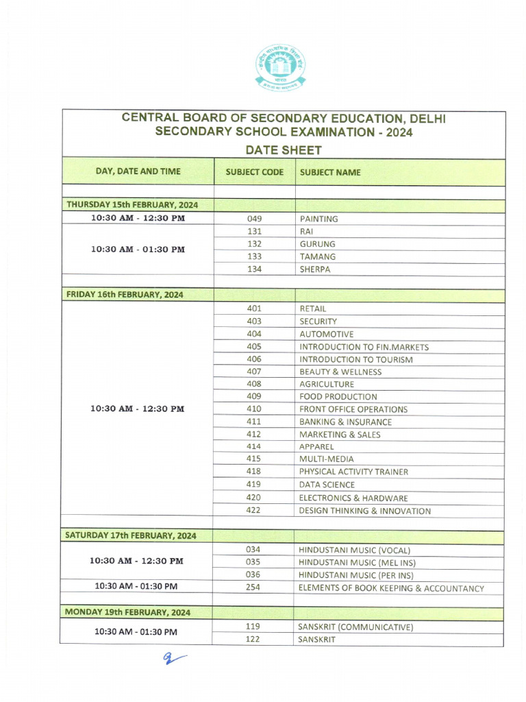 Board Exam Time Table | PDF