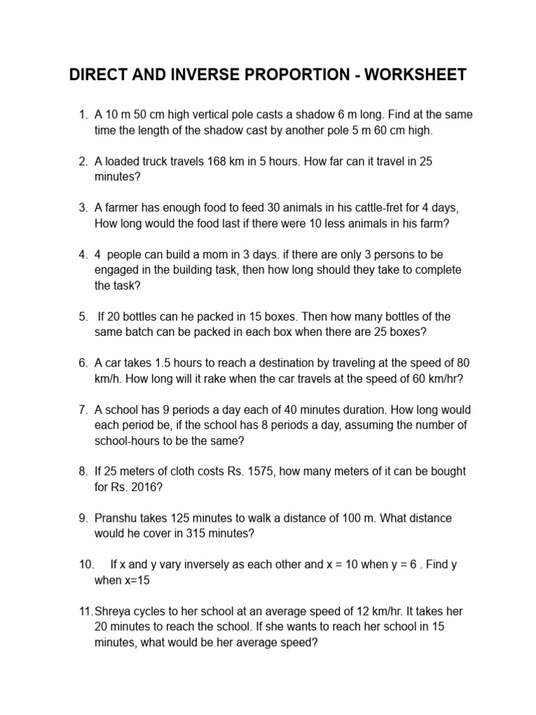 Direct and Inverse Proportion - Worksheet | PDF