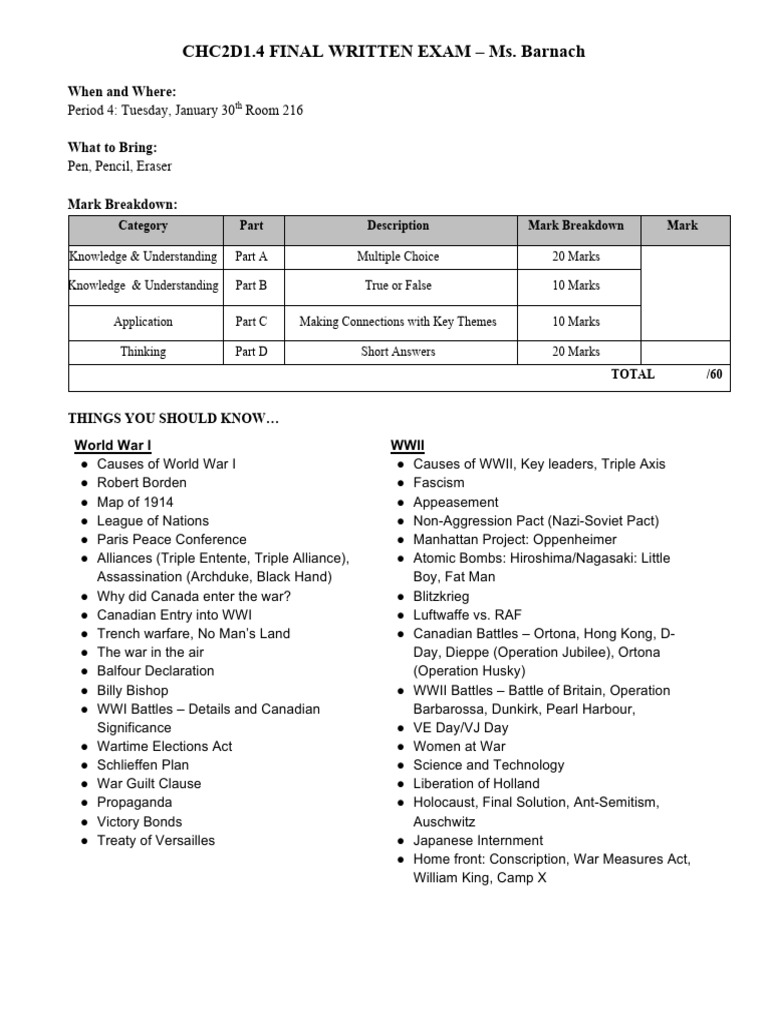 CHC2D.4 Exam Review | PDF | World War II | World War I