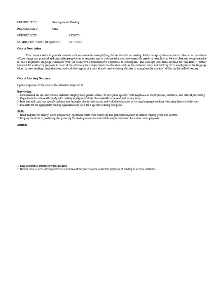 Developmental Reading Syllabus Pdf Reading Comprehension Learning
