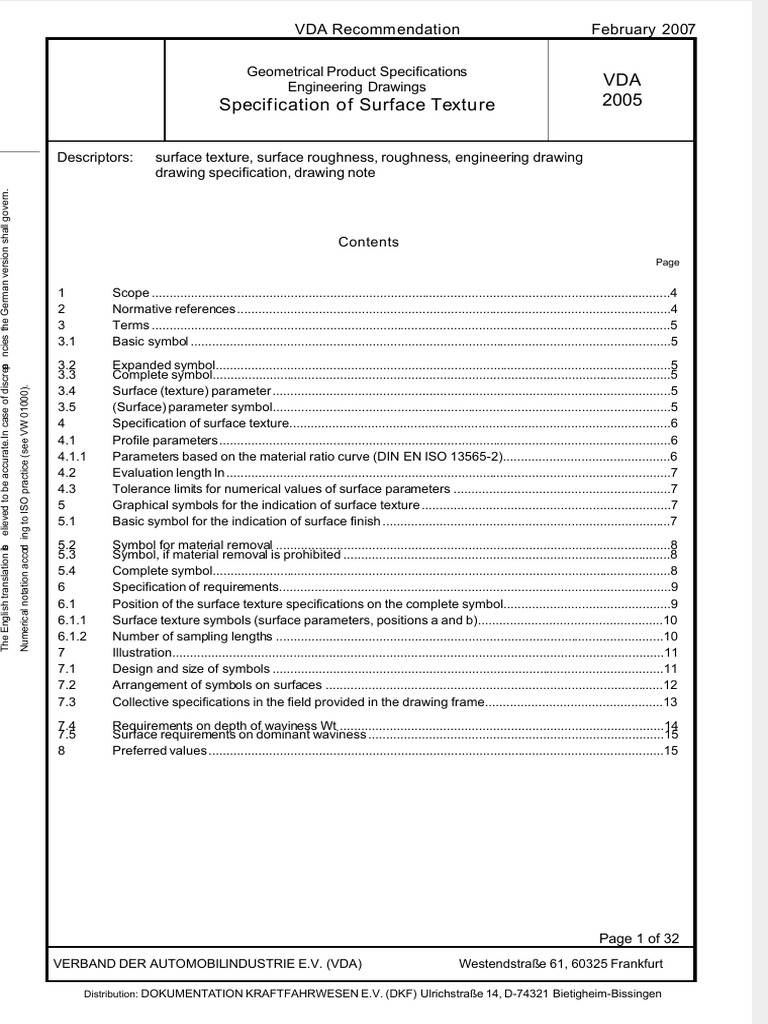 Vda 2005 | Download Free PDF | Surface Roughness | Specification (Technical Standard)