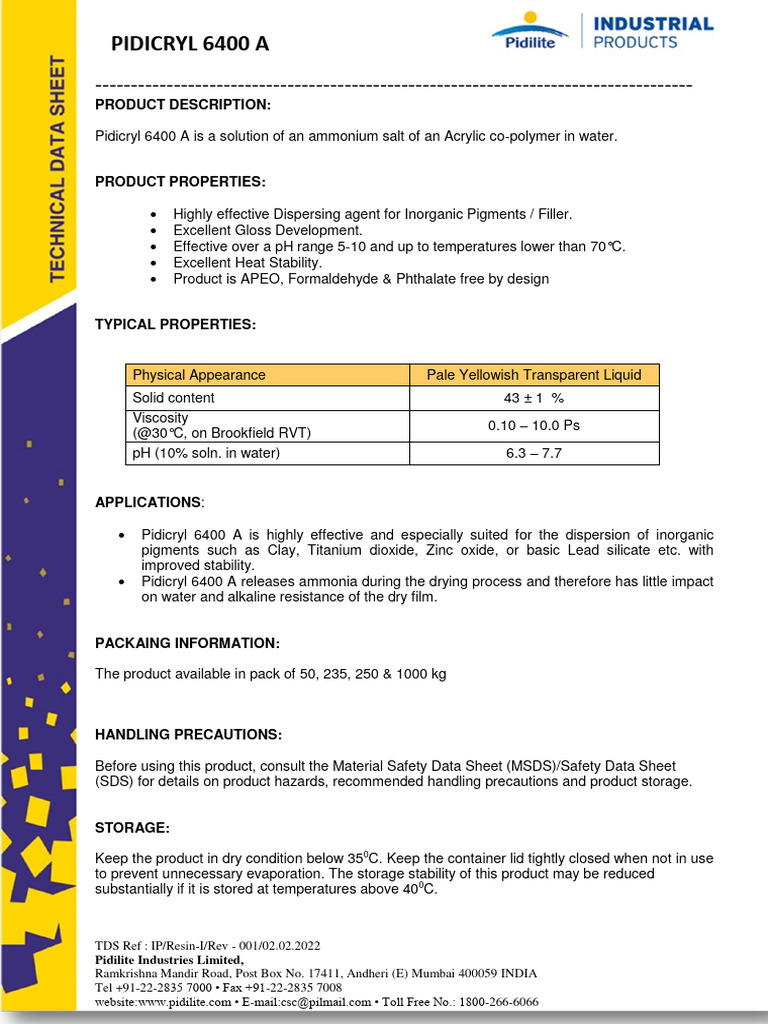 TDS - Pidicryl 6400 A | PDF | Water | Ammonia