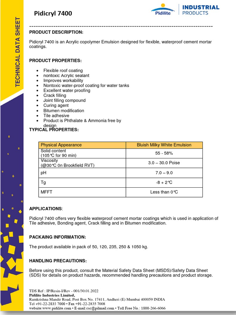 Pidicryl 7400 Technical Data Sheet | PDF | Adhesive | Industrial Processes