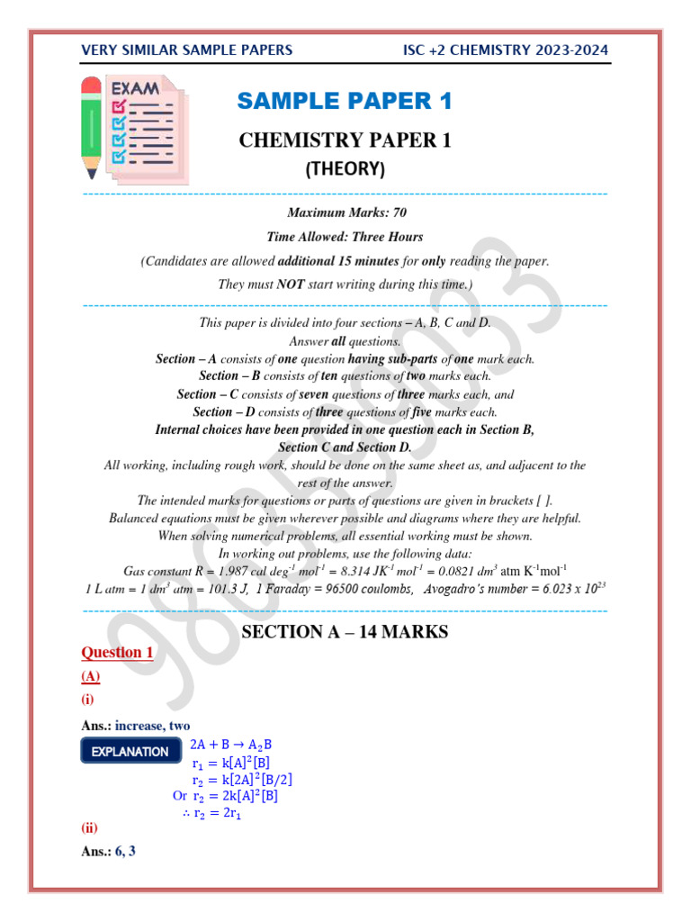ISC Chemistry Sample Paper | PDF | Coordination Complex | Chemical ...