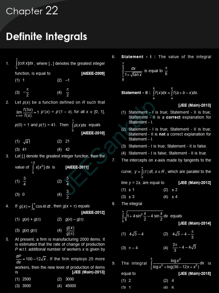 Definite Integrals Exam Questions | PDF | Function (Mathematics) | Integer