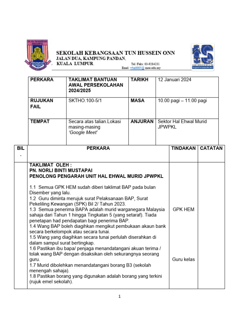 Minit Curai Taklimat BAP 2024 2025 | PDF