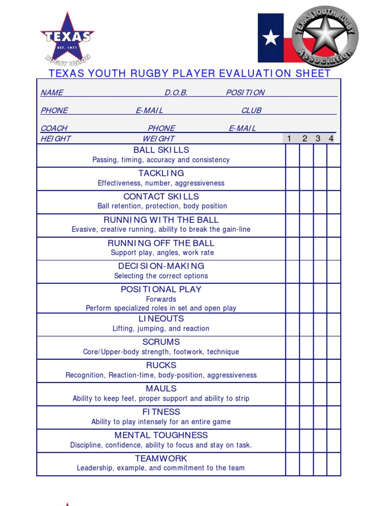 Texas Youth Rugby Player Evaluation | PDF | Business | Sports & Recreation
