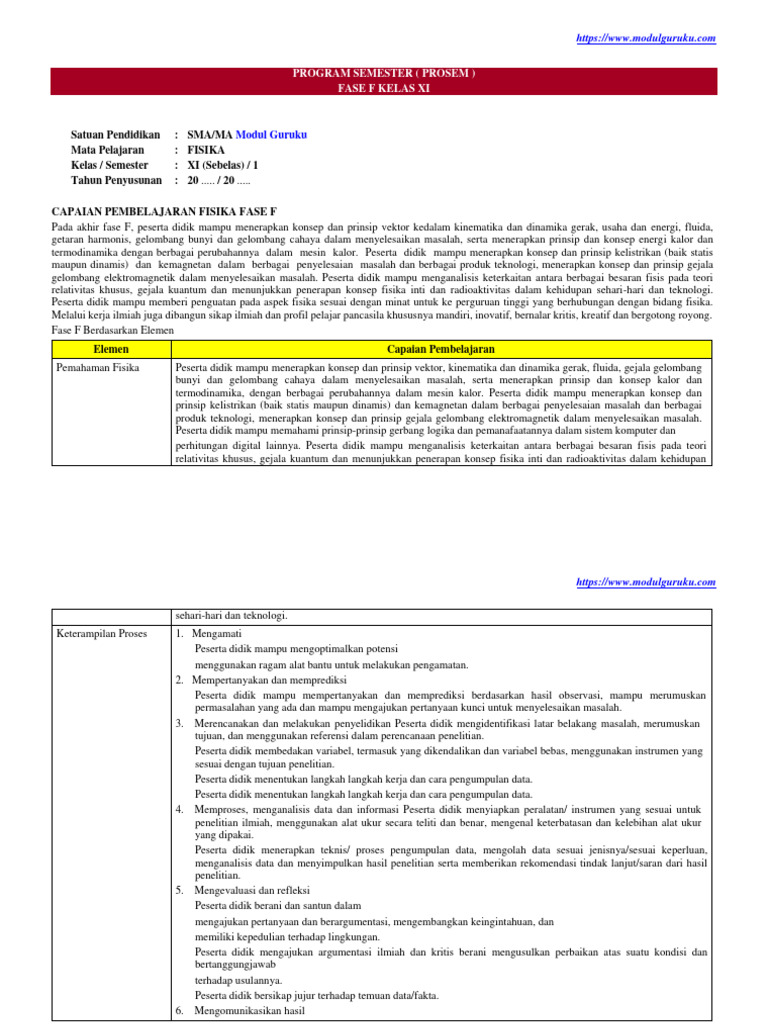 Prosem Program Semester Fisika Kelas 11 Fase F Pdf