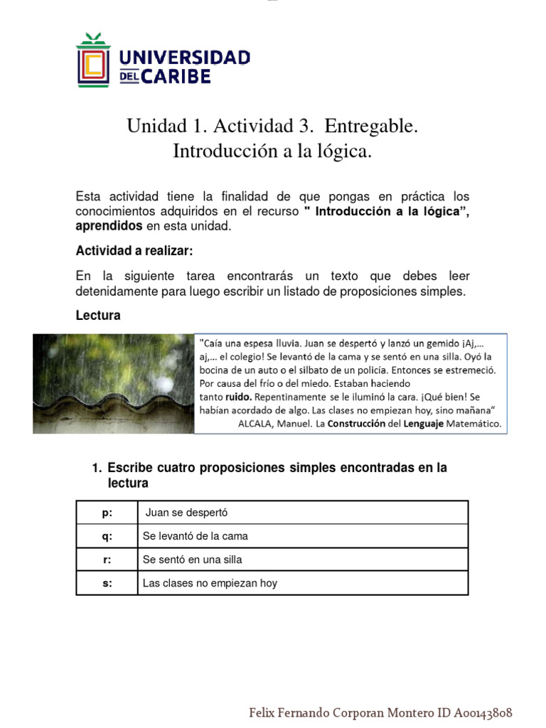 Unidad 1 Actividad 3 Entregable - Introducción A La Lógica La Logica | PDF