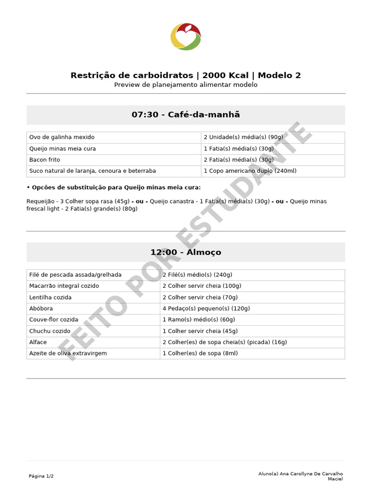 Plano Alimentar Modelo | PDF | Culinária | Culináriar