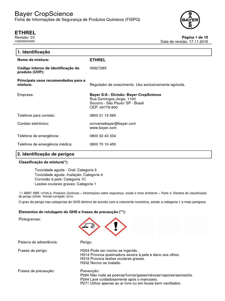 FISPQ do Produto Ethrel da Bayer | PDF | Brasil | Dióxido de carbono
