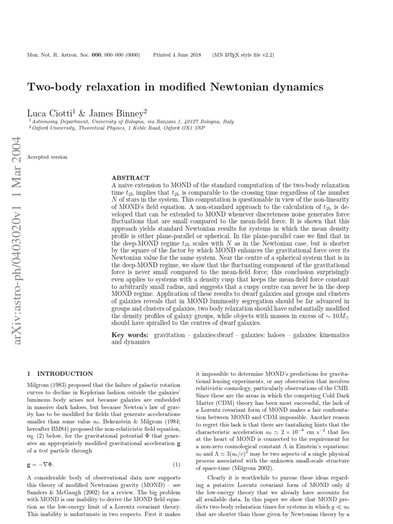 Two Body Relaxation in Modified Newtonian Dynamics | PDF | Physical Cosmology | Applied And ...