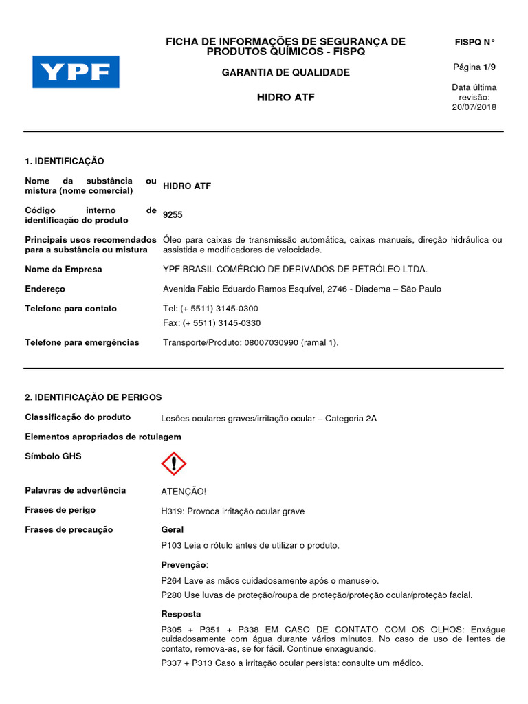 FISPQ HIDRO ATF NaO CLASSIFICADO | PDF | Química | Oxigênio