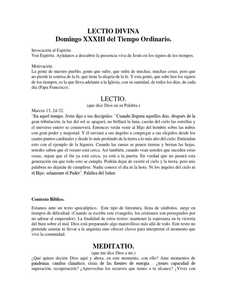 Lectio Divina Domingo Xxxiii Del Tiempo Ordinario Pdf Dios Jesús