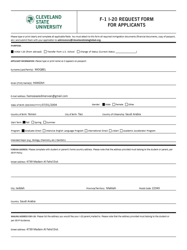 CSU - I-20 Request Form UG and PG | PDF | Government And Personhood ...