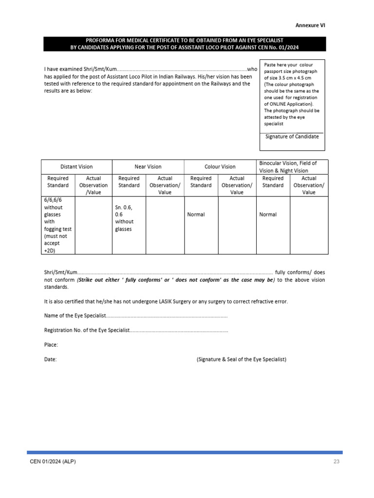 Porforma For Medical Certificate From Eye Specialist To Be Submitted by ...