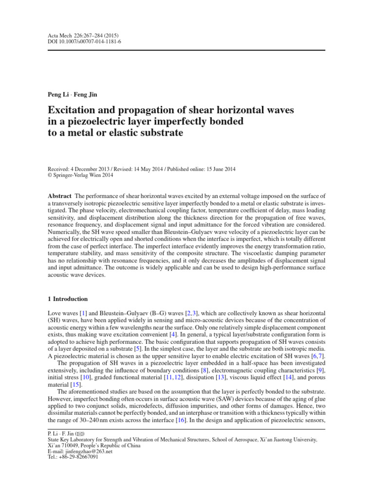 Excitation and Propagation of Shear Horizontal Waves in A Piezoelectric ...