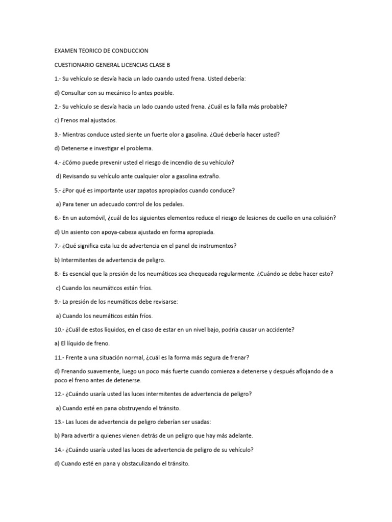 Examen Teórico de Conducción Clase B | PDF | Neumático | Líquidos
