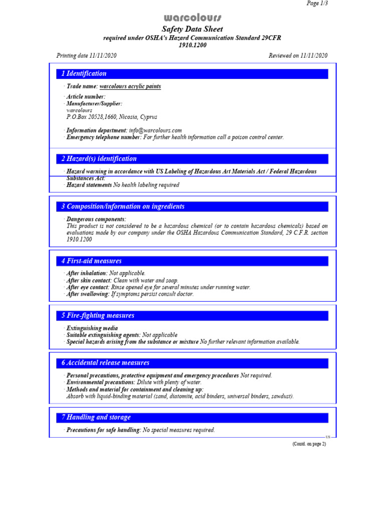 Warcolours Acrylic Paints SDS - US | PDF | Dangerous Goods ...