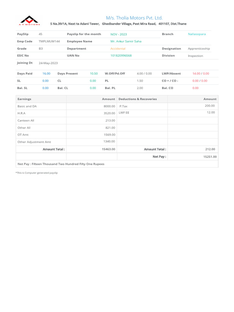 Tholia Payslip NOV23 | PDF