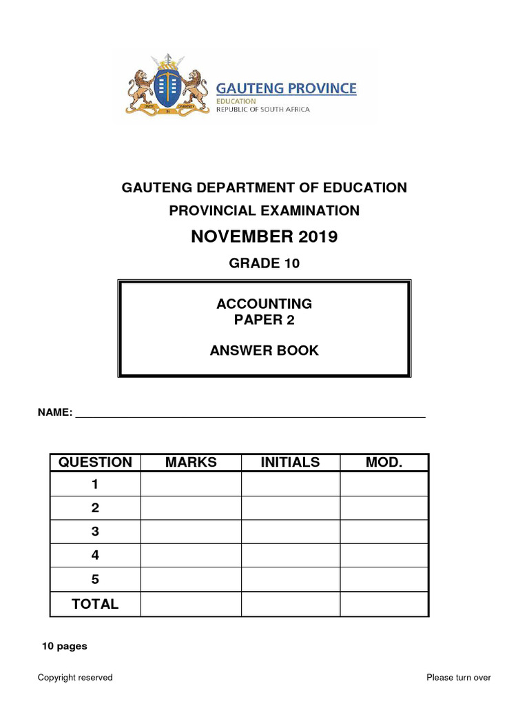 Grade 10 Provincial Exam Accounting P2 (English) November 2019 Answer ...
