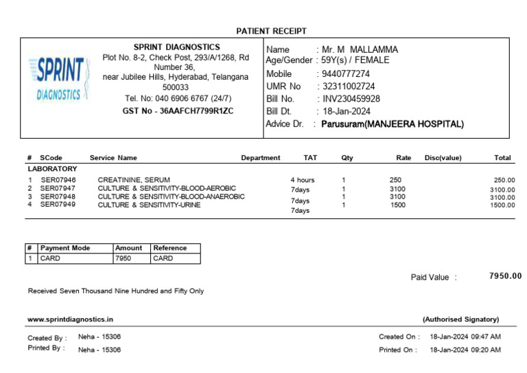 Patient Receipt for Lab Services | PDF
