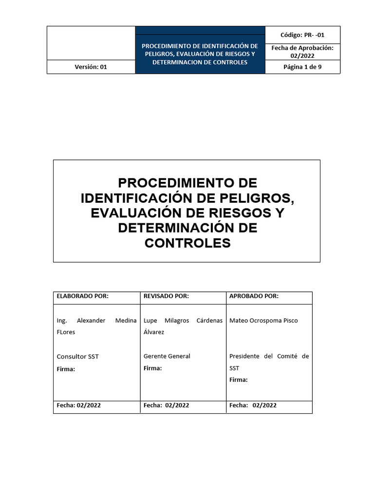 PR-SST-01 PROCEDIMIENTO DE IDENTIFICACIÓN DE PELIGROS, EVALUACIÓN DE RIESGOS Y DETERMINACIÓN DE ...