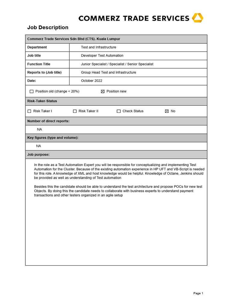Test Automation Developer Job Description | PDF