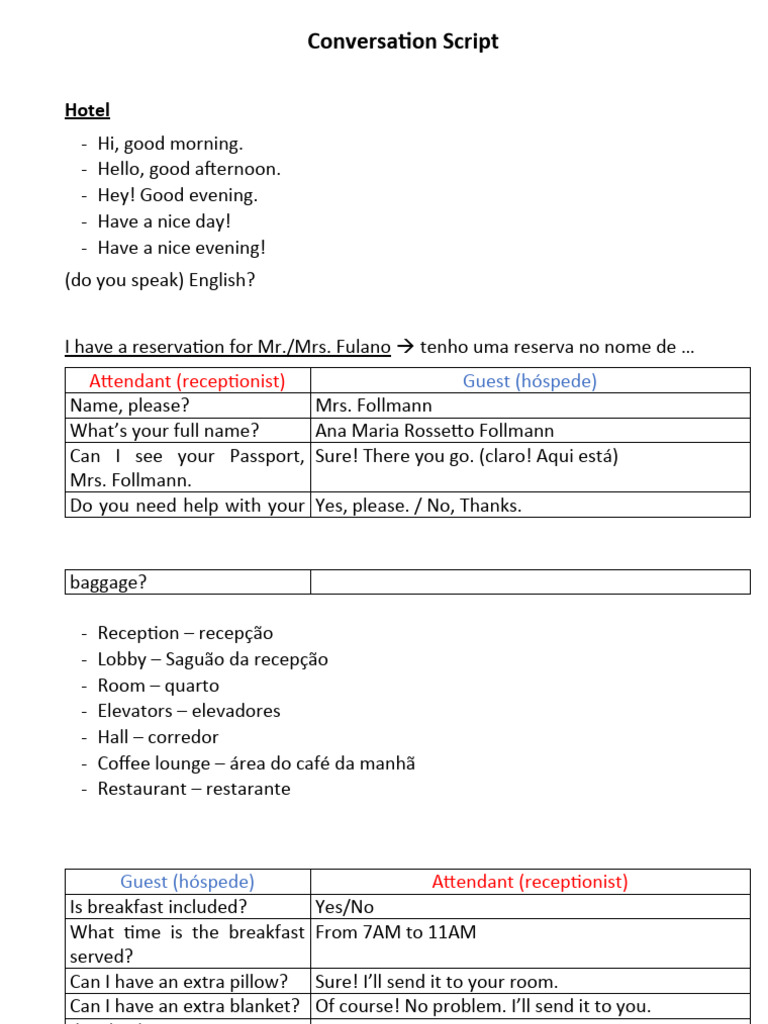 Conversation Script - Hotel | PDF