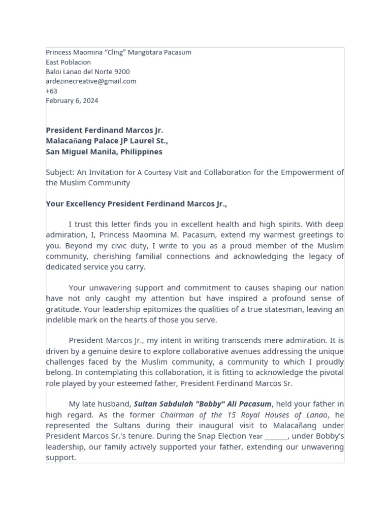 Courtesy Visit Letter To President Bong Bong Marcos | PDF