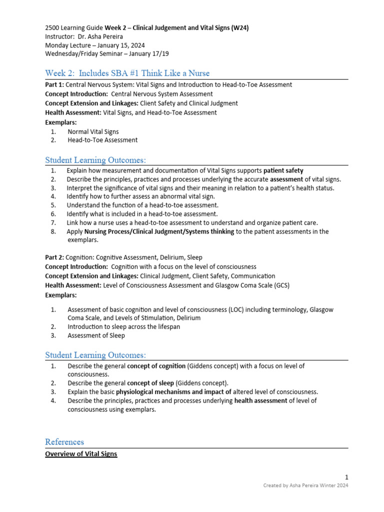 Learning Guide Week 2 (W24) - Vital Signs, Cognition, Sleep | PDF ...