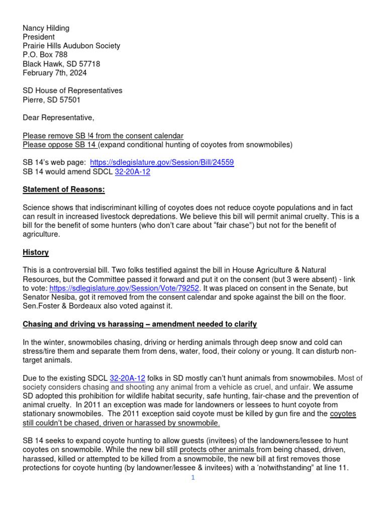 Please Remove SB 14 From Consent H - PHAS Letter | PDF | Hunting | Coyote